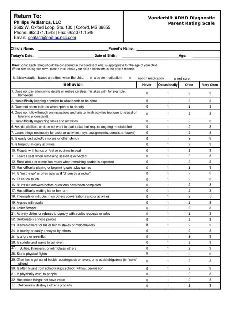 Fillable Online Return To: Vanderbilt ADHD Diagnostic Parent Rating ...