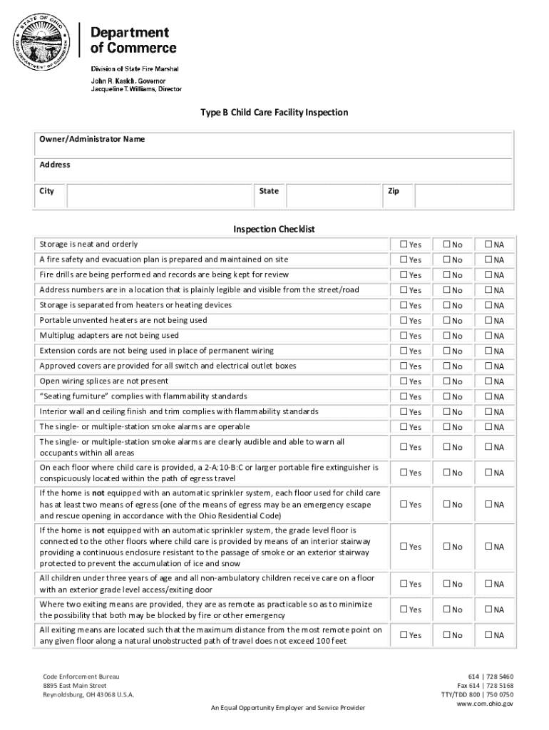 Fillable Online Type B Child Care Facility Inspection Inspection ...