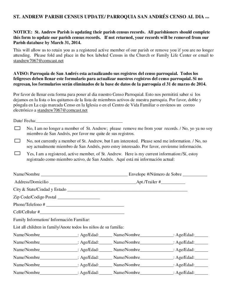 Fillable Online st. andrew parish census update/ parroquia san andrs ...