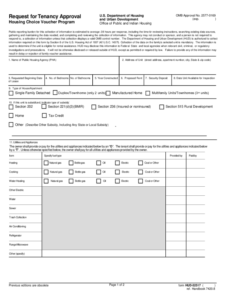 Fillable Online HUD-52517 Request for Tenancy Approval Housing Choice ...