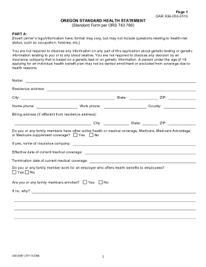 Fillable Online OREGON STANDARD HEALTH STATEMENT (Standard Form Fax ...