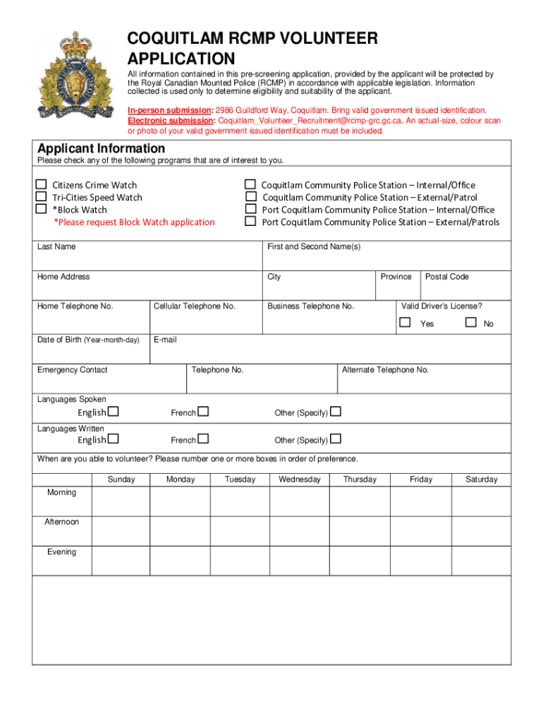 Fillable Online COQUITLAM RCMP VOLUNTEER APPLICATION - bc-cb.rcmp-grc ...