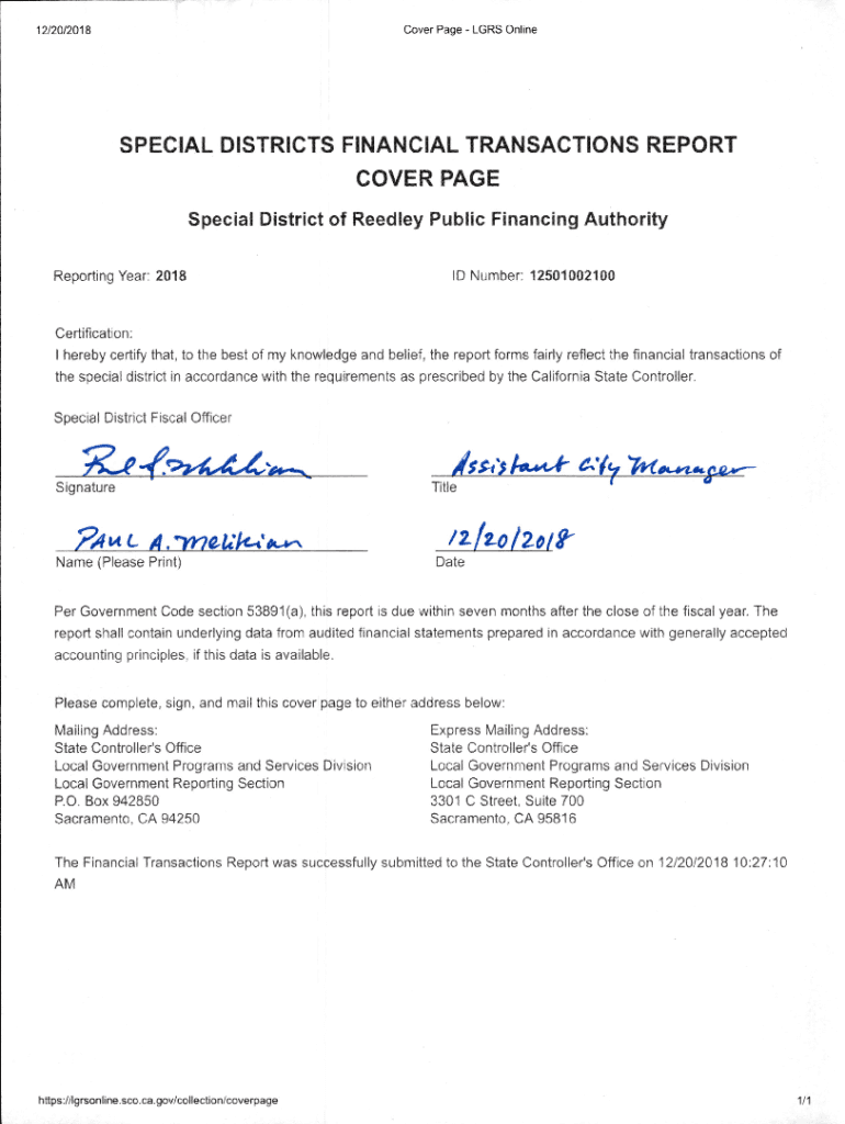 Fillable Online SPECIAL DISTRICTS FINANCIAL TRANSACTIONS REPORT COVER ...