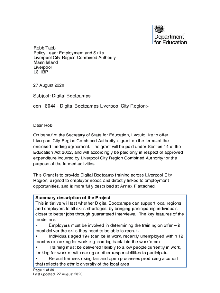 Fillable Online Grant offer letter for general grants. DfE Grant Offer ...