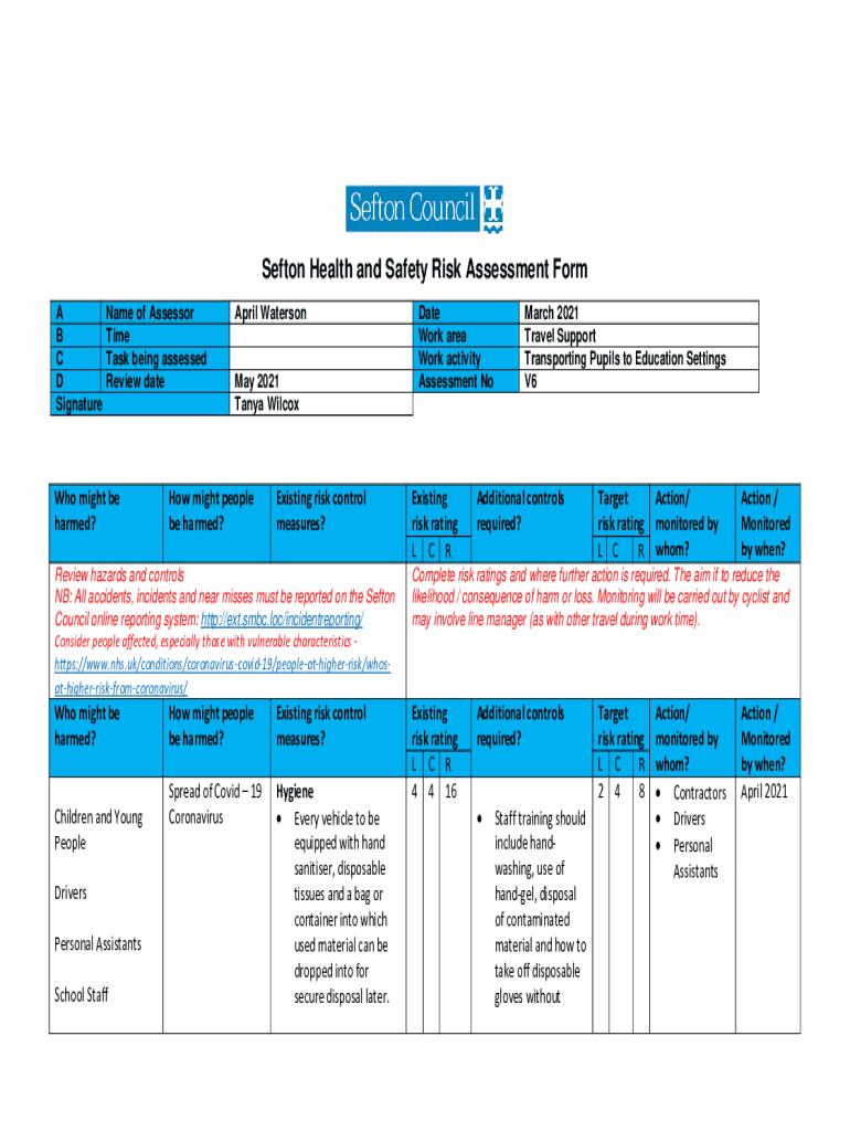 Fillable Online Sefton Health and Safety Risk Assessment Form Fax Email ...