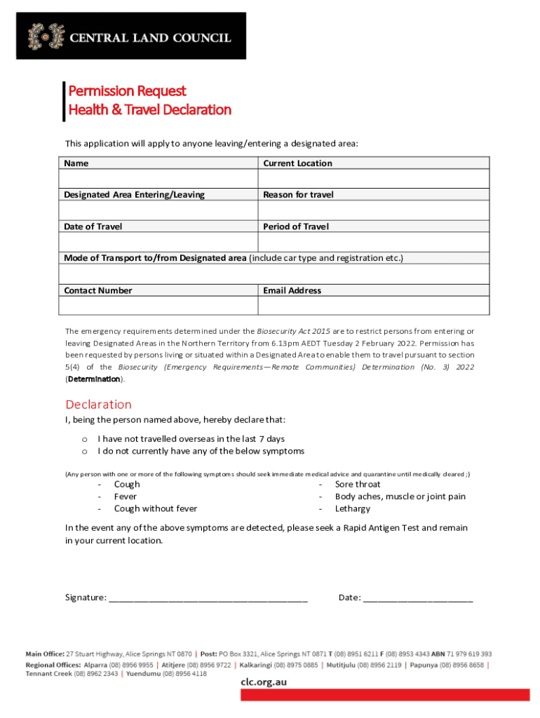 Fillable Online Permission Request Health & Travel Declaration Fax Email Print - pdfFiller