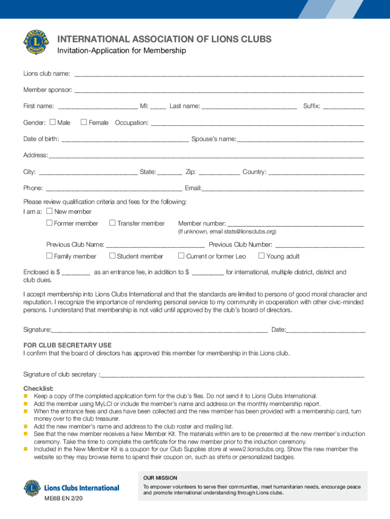 Fillable Online Lions Club Membership Application - Microsoft Fax Email ...