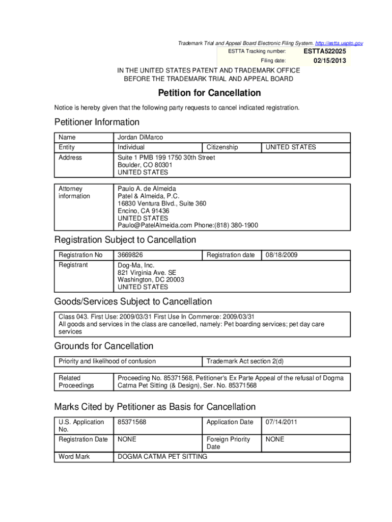 Fillable Online Choosing your ESTTA formUSPTOTrademark Trial and Appeal ...