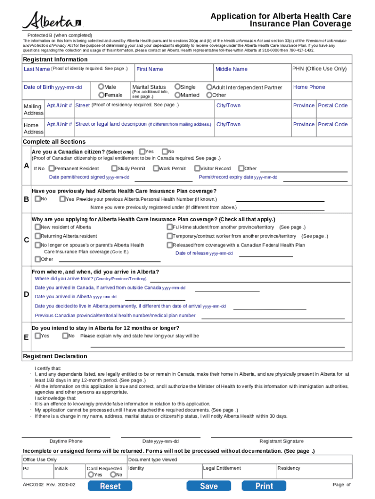 Fillable Online Application for AB Health Care Insurance Plan - AHC0102 ...