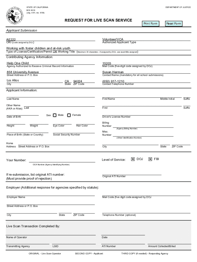 Fillable Online BCII8016 Live Scan Form - VOLUNTEERS Fax Email Print ...