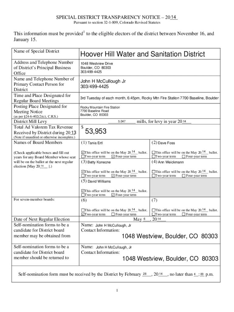 Fillable Online SPECIAL DISTRICT TRANSPARENCY NOTICE - 20143 Doc ...