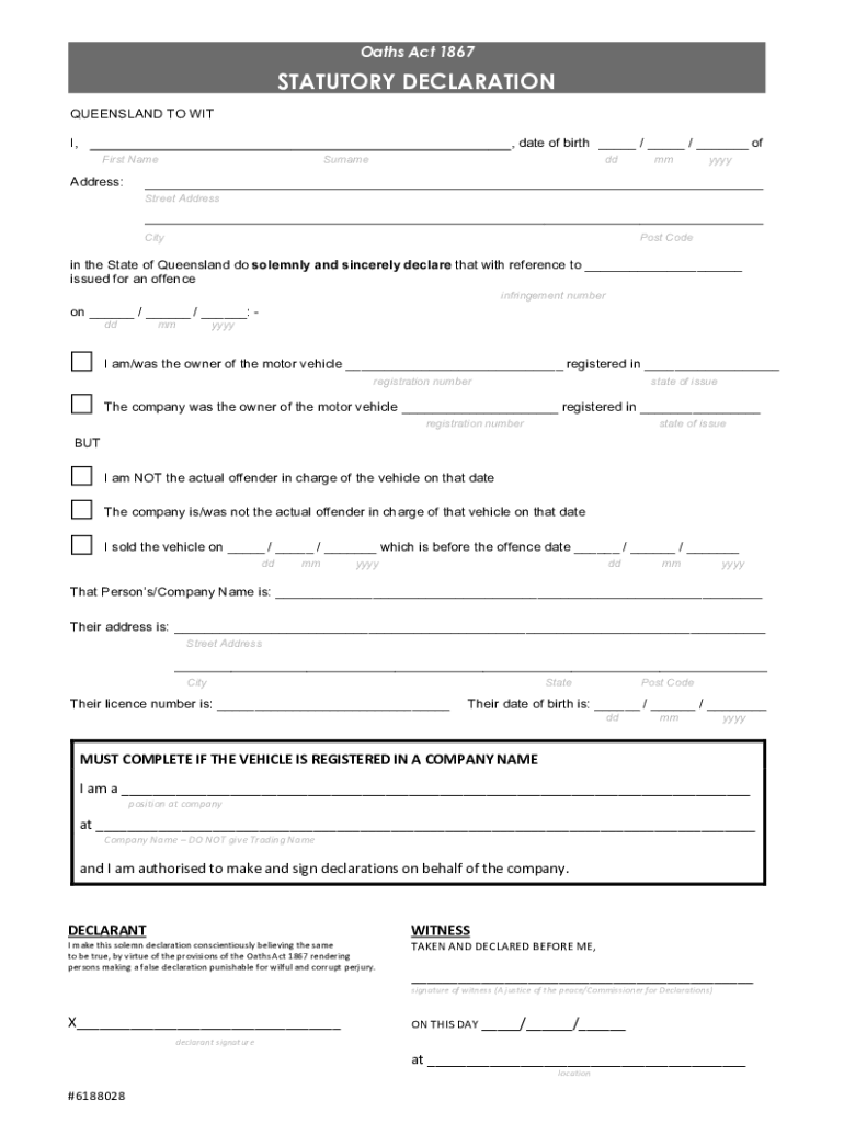 Fillable Online Oaths Act 1867 STATUTORY DECLARATION - Cairns Regional ...