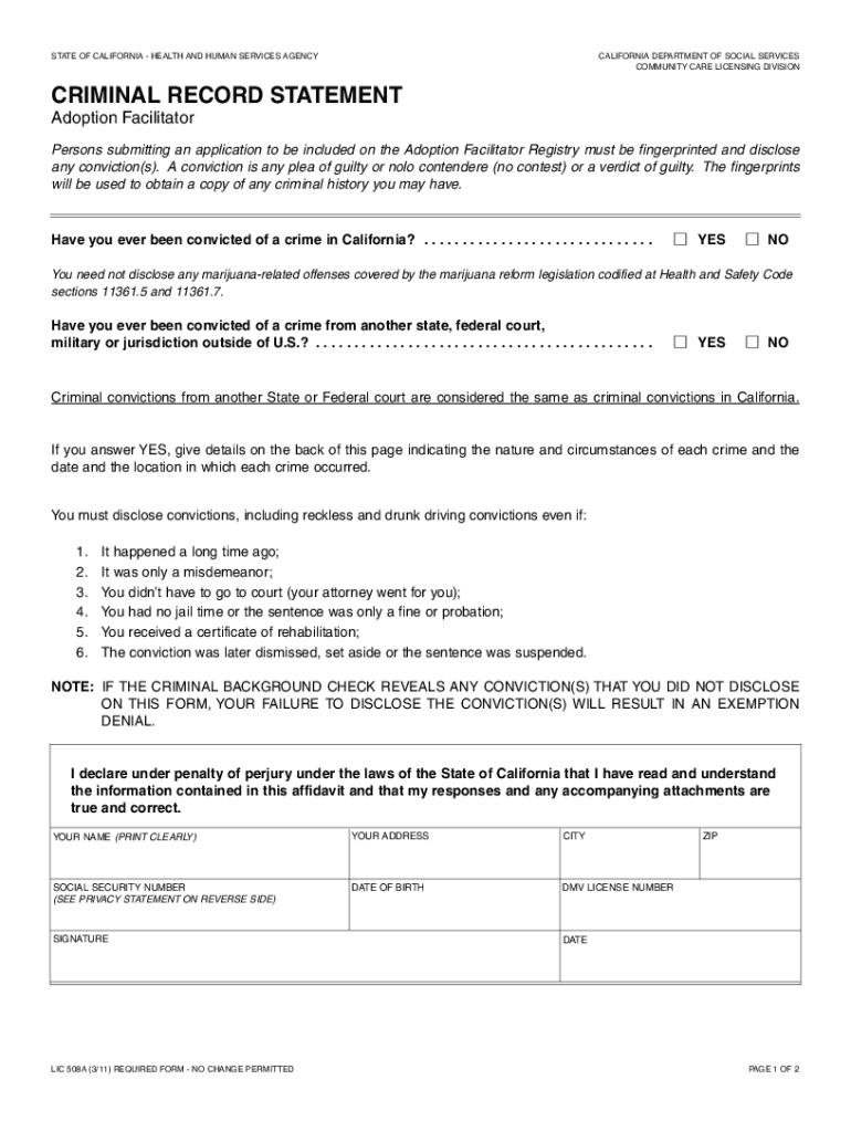 Fillable Online cdss ca LIC508A. Criminal Record Statement, Adoption Facilitator form Fax Email ...