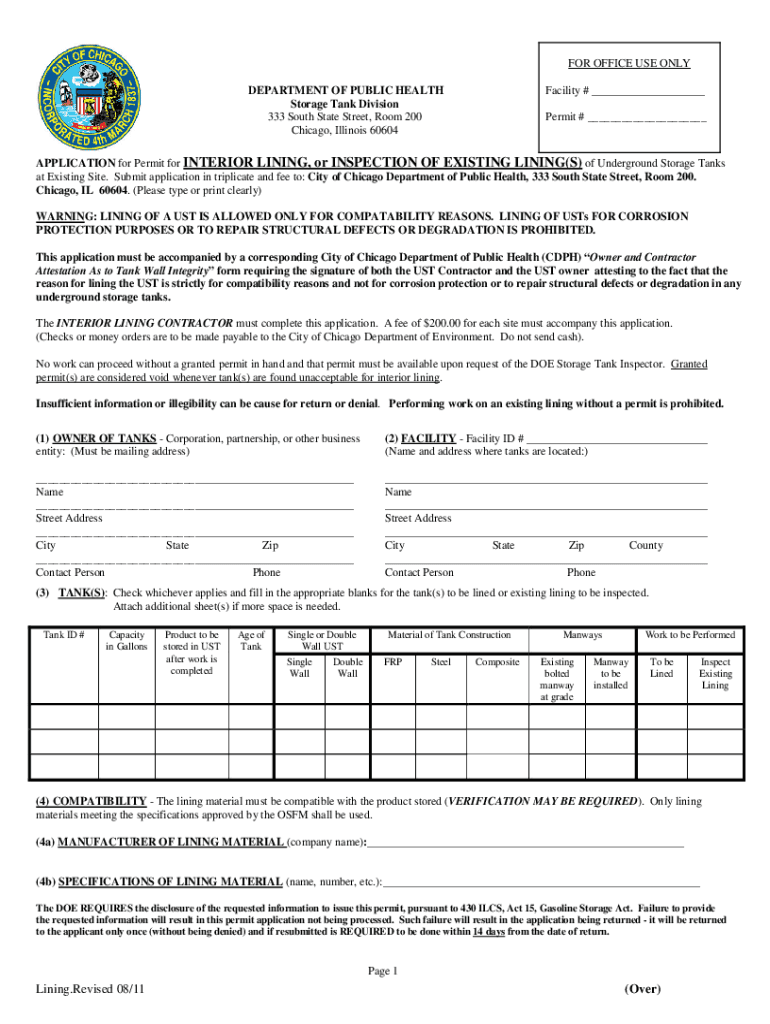 Fillable Online APPLICATION for Permit for INTERIOR LINING, or ...