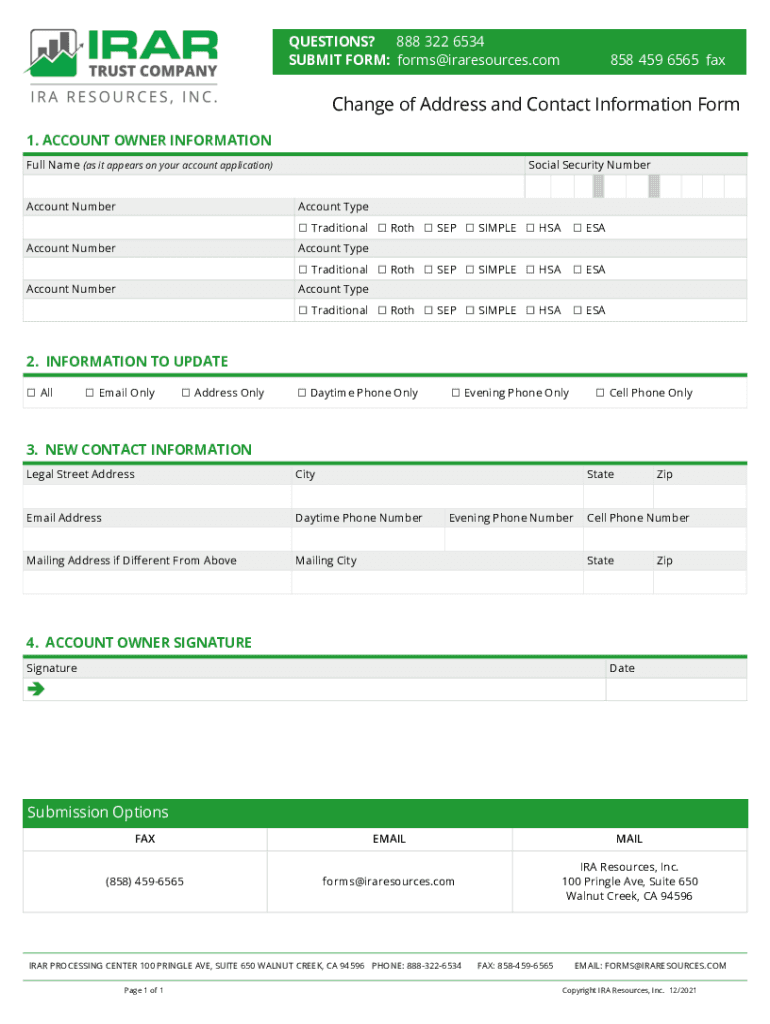 Fillable Online Change of Address and Contact ... - IRAR Trust Company ...
