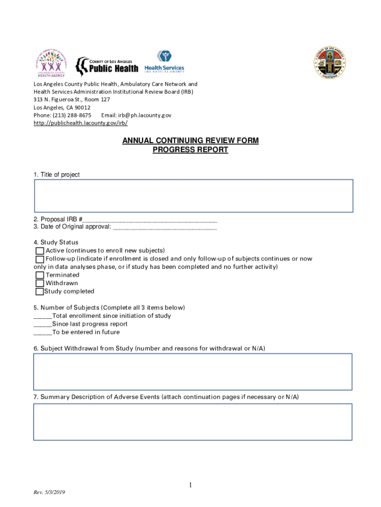 Fillable Online 1 ANNUAL CONTINUING REVIEW FORM PROGRESS REPORT Fax Email Print - pdfFiller