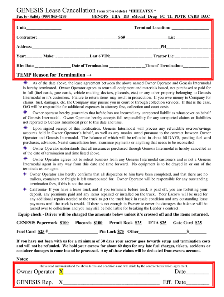 Fillable Online GENESIS Lease Cancellation Form 575A (delete) *HHEEATSX ...