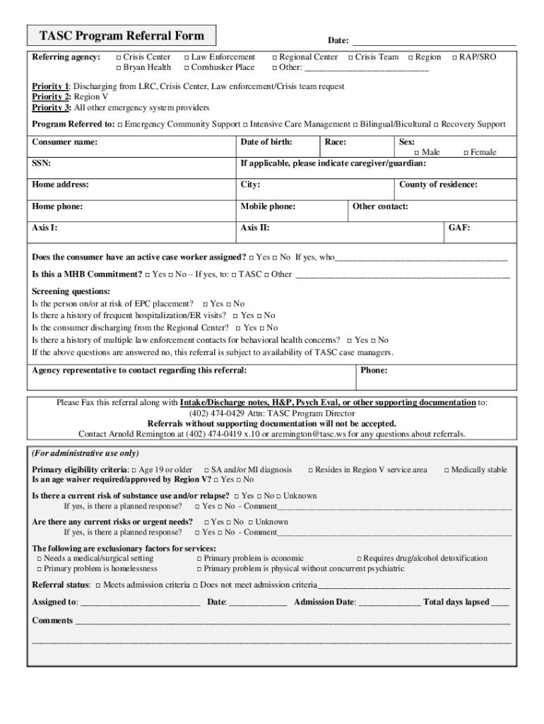 Fillable Online TASC Program Referral Form - BVBH Fax Email Print ...