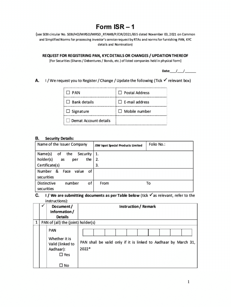 Fillable Online Form ISR-1 Request for registering PAN, KYC Details or ...