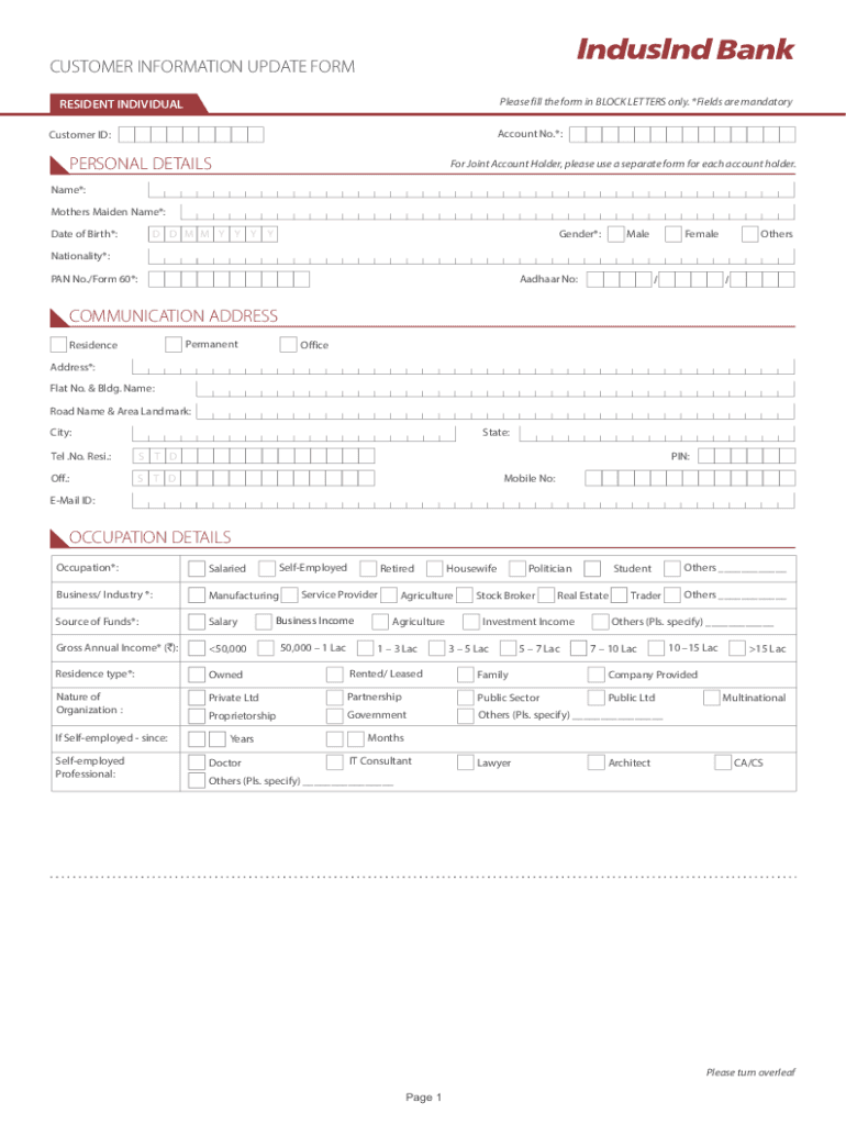 Fillable Online KYC Updation Form Resident Indian Individual - IndusInd Bank Fax Email Print ...