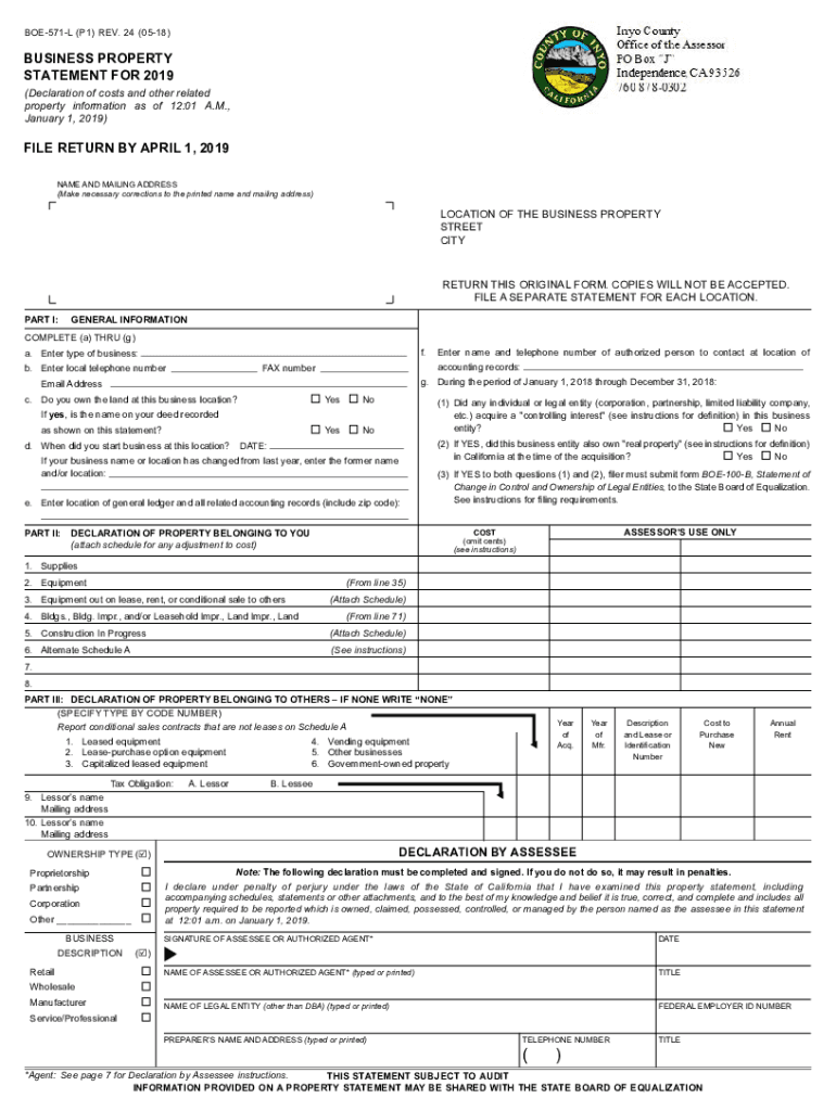 Fillable Online Fillable Online Business Property Statement 2019 ...