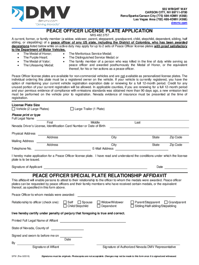 Fillable Online dmv nv SP091 Peace Officer License Plate Application ...