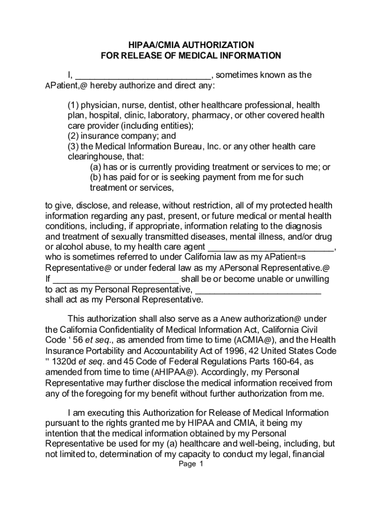 Fillable Online hipaa authorization to release medical information form ...