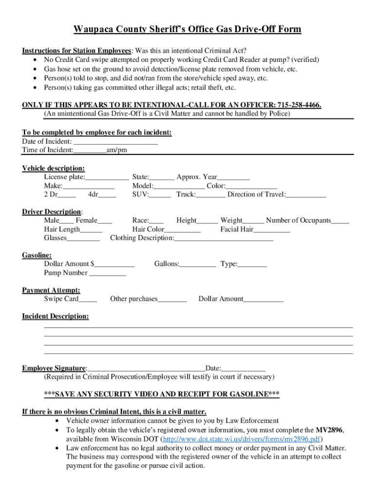 Fillable Online Waupaca County Sheriff's Office Gas Drive-Off Form Fax ...