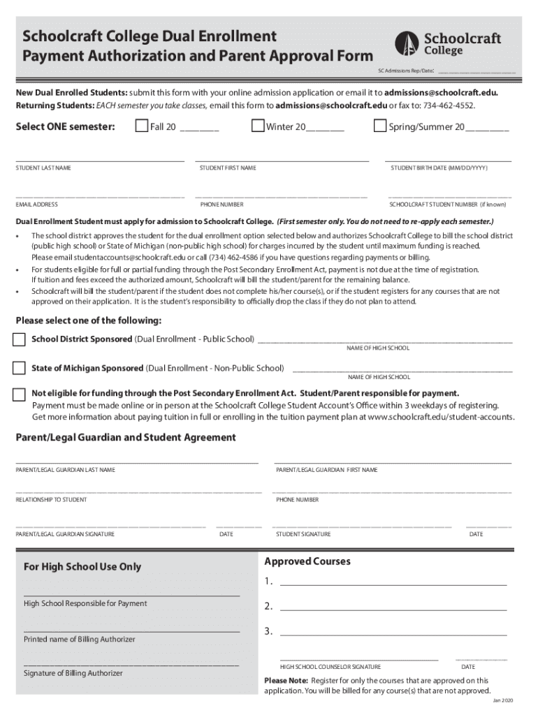 Fillable Online Schoolcraft College Dual Enrollment Payment Authorization ... Fax Email Print ...
