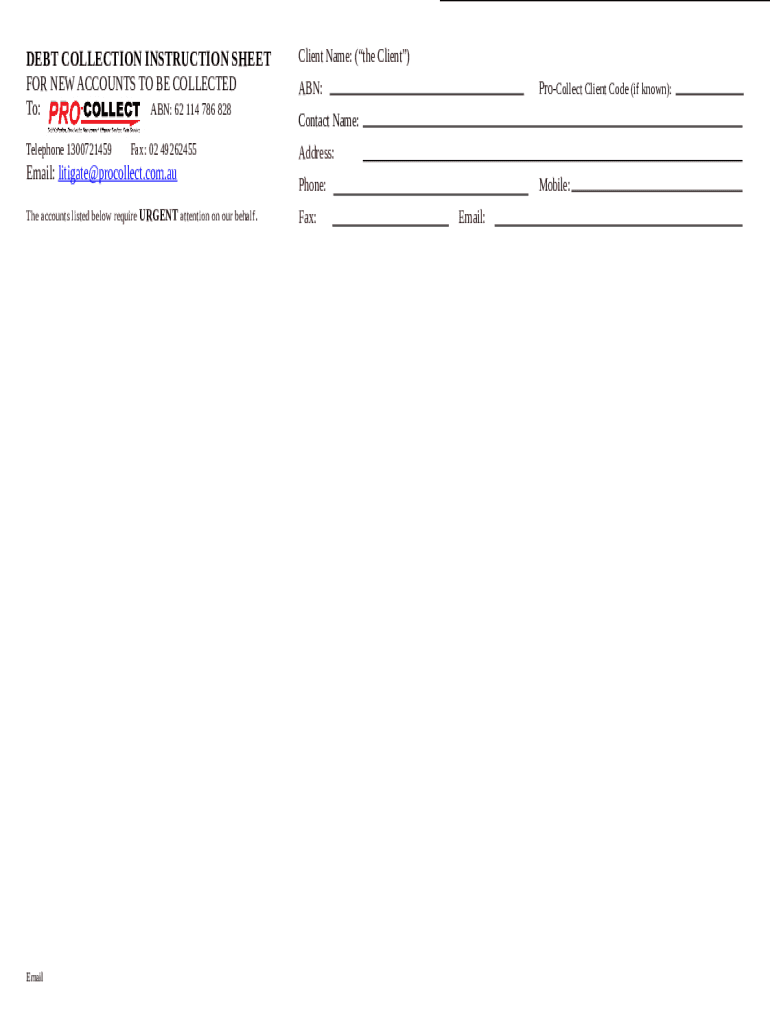 DEBT COLLECTION INSTRUCTION SHEET Doc Template | pdfFiller