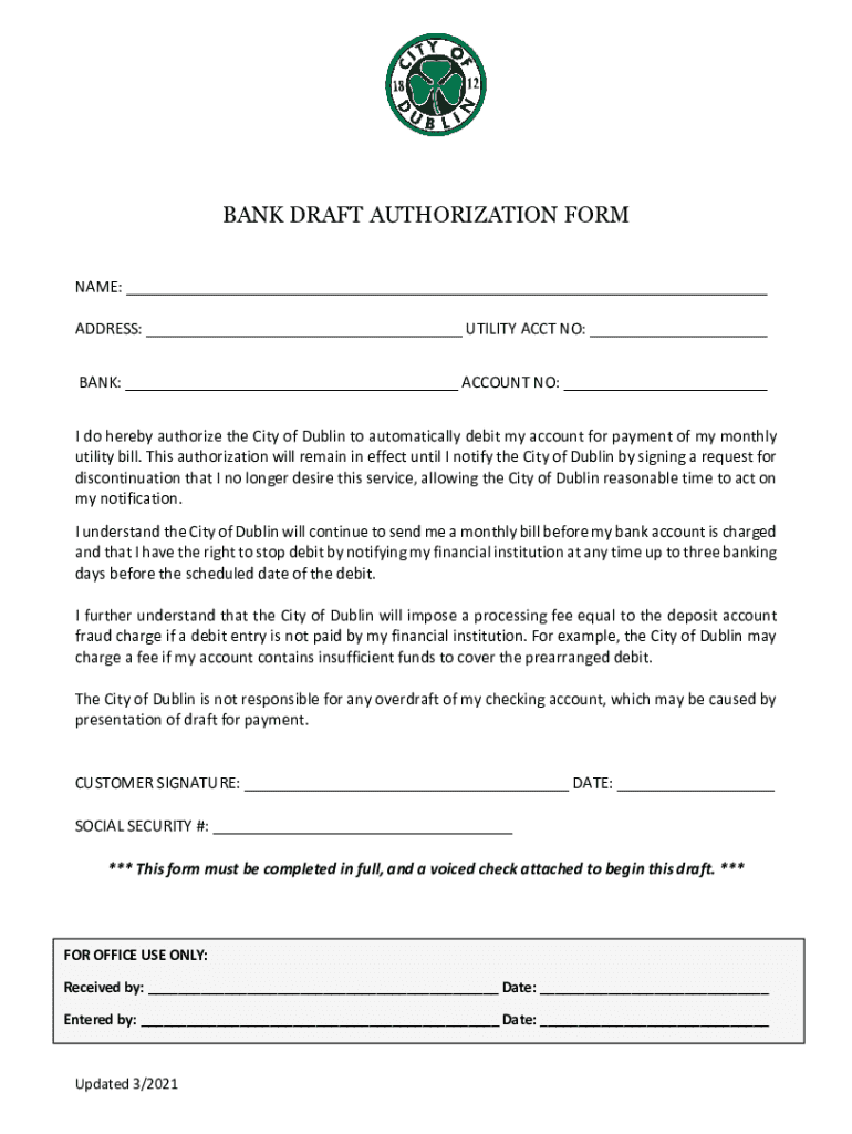 Fillable Online BANK DRAFT AUTHORIZATION FORM Fax Email Print - pdfFiller