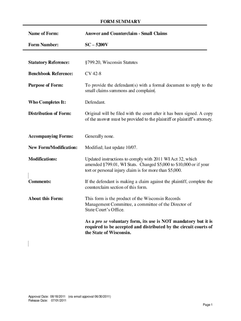 Fillable Online FORM SUMMARY Name of Form: Answer and Counterclaim ...