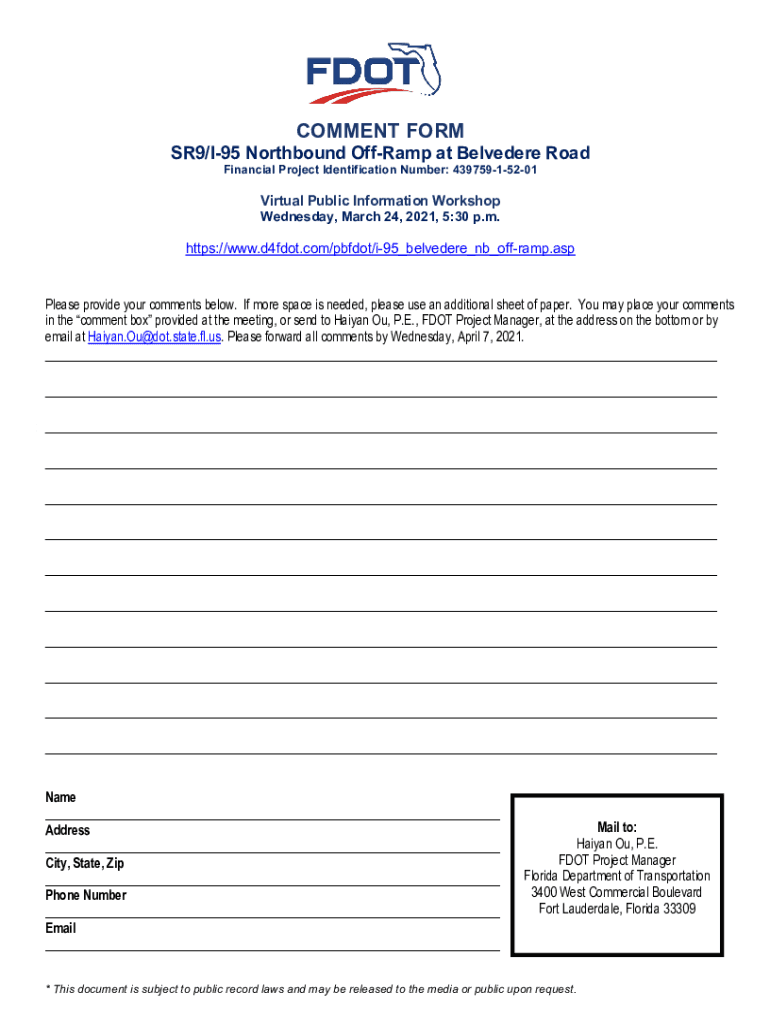 Fillable Online Comment Form I-95 NB Off-Ramp at Belvedere Road.pdf Fax ...
