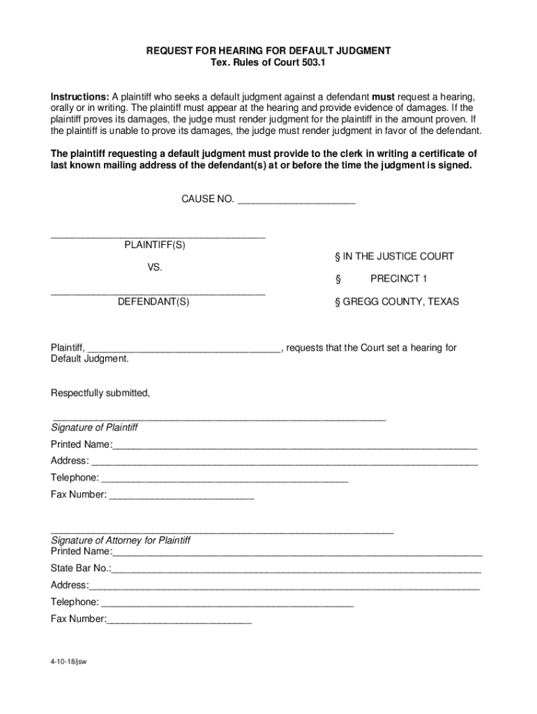 Fillable Online Plaintiffs Request for Default Judgment Hearing Fax ...