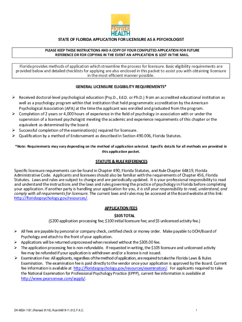 Fillable Online STATE OF FLORIDA APPLICATION FOR LICENSURE AS AN ...