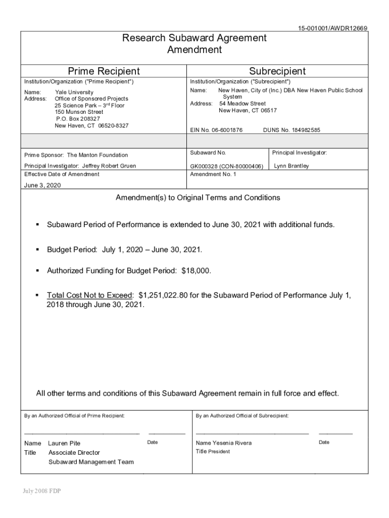 Fillable Online Research Subaward Agreement Amendment Prime Recipient ...