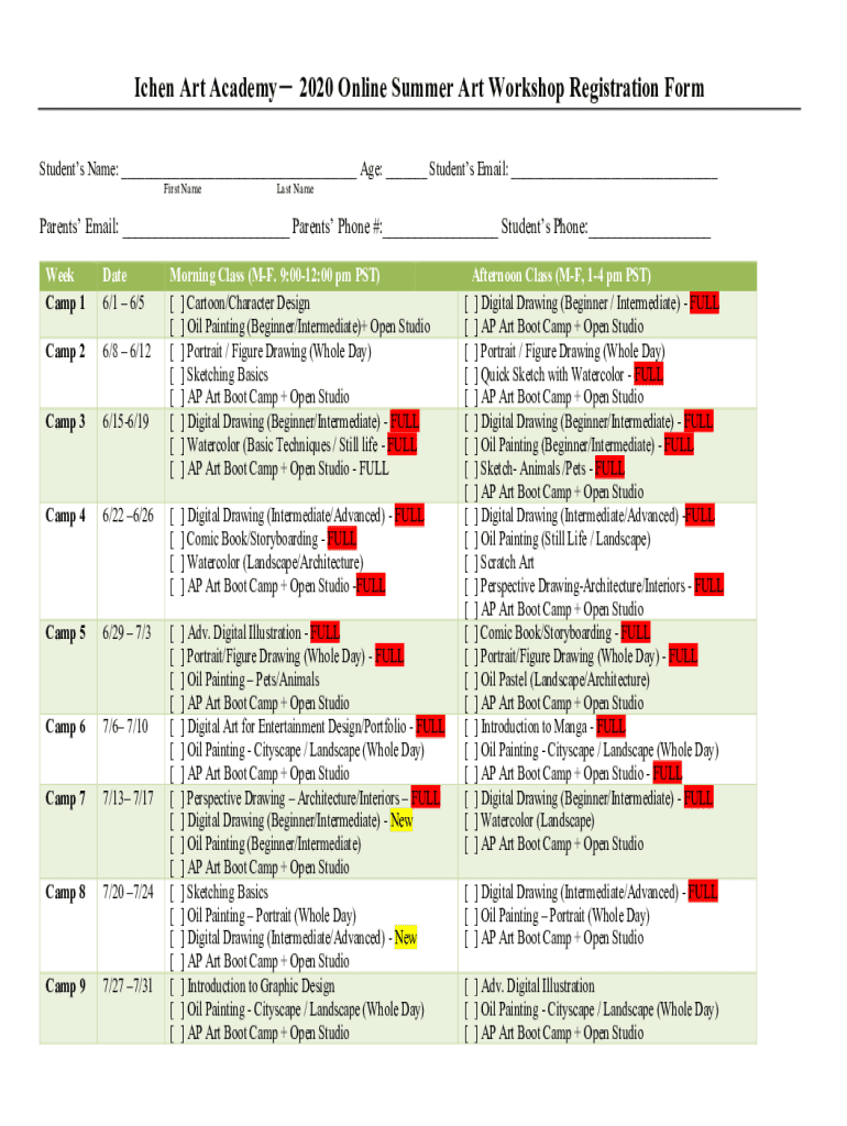 Fillable Online 2020 Online Summer Art Workshop Registration Form Fax ...