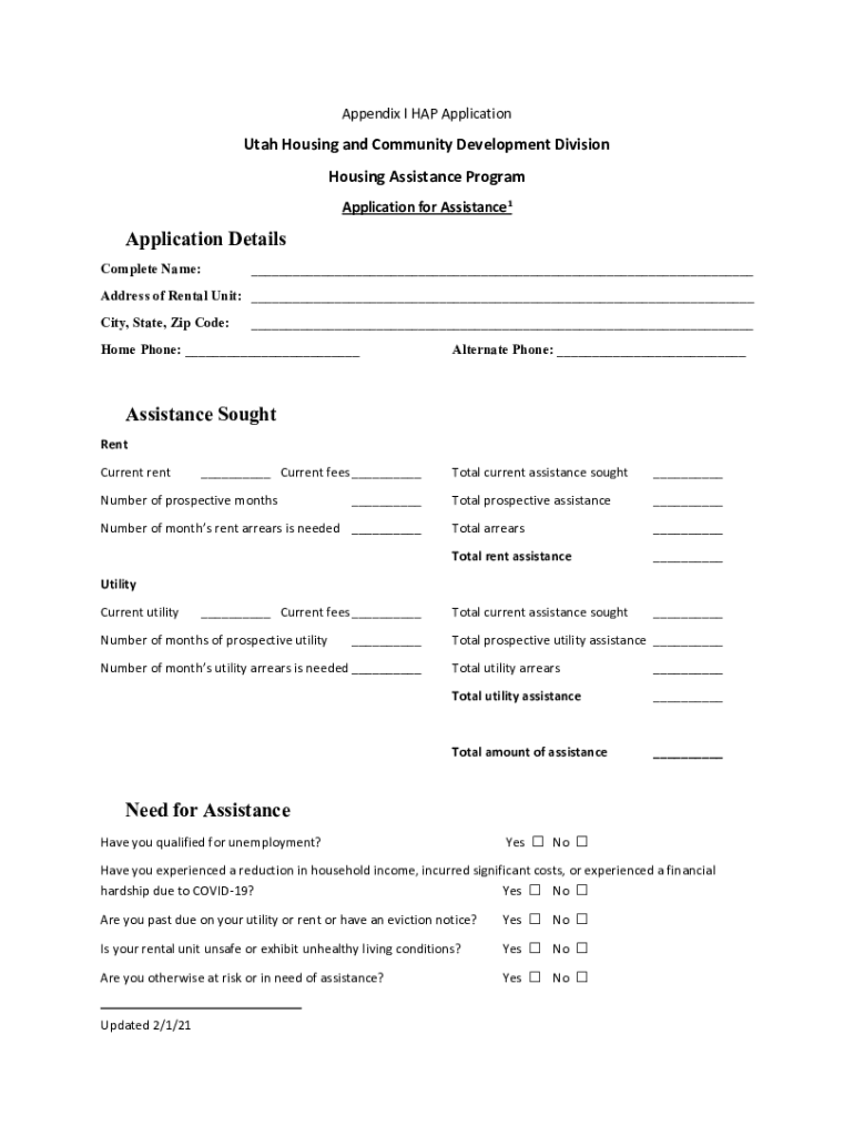 Fillable Online Appendix I HAP Application Utah Housing and Community ...