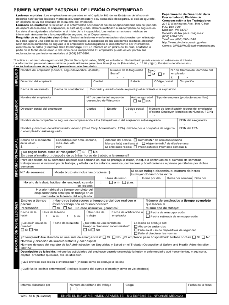 Fillable Online dwd wisconsin WKC-12-S, Employer's First Report of ...
