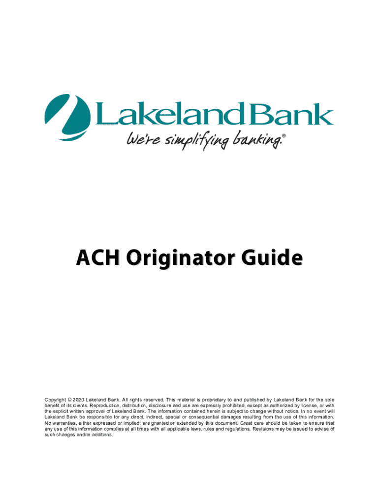 Fillable Online ACH Originator Guide - Rev 2020 (2) - Lakeland Bank Fax Email Print - pdfFiller
