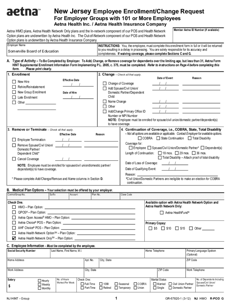 Fillable Online Fillable Online New Jersey Employee Enrollment/Change ...