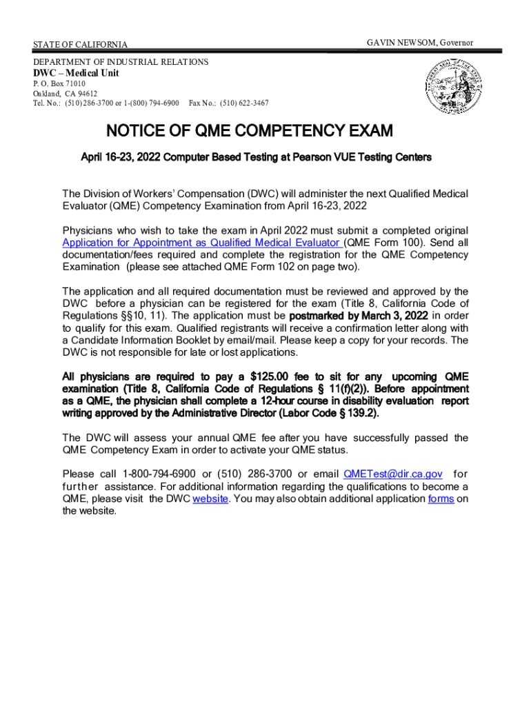 Fillable Online dir ca dir.ca.govdwcmedicalunitNOTICE OF QME COMPETENCY ...
