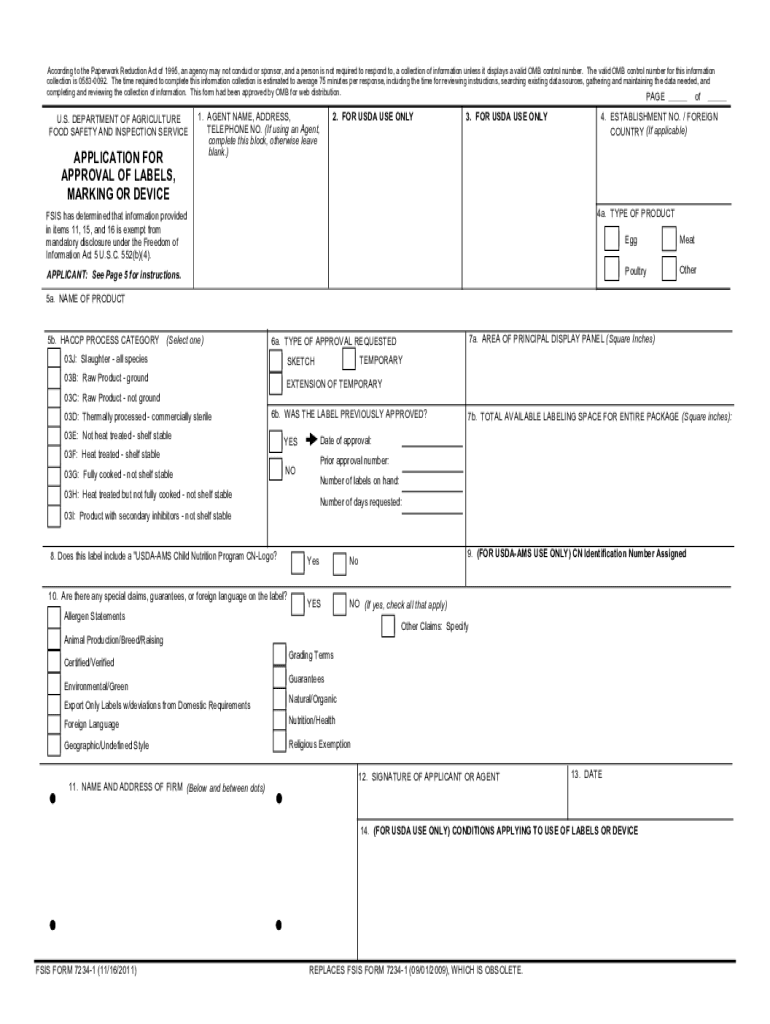 Fillable Online Form FSIS Form 7234 1 FSIS Form 7234 1 Application for ...