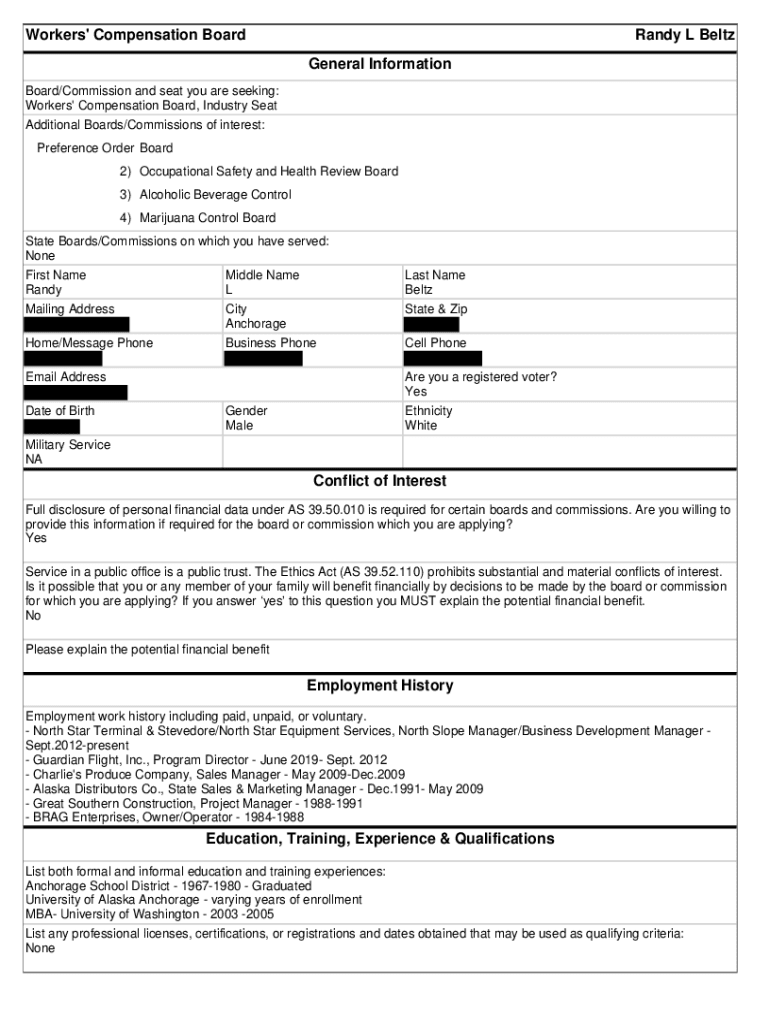 Fillable Online Workers' Compensation Board Randy L Beltz General ...