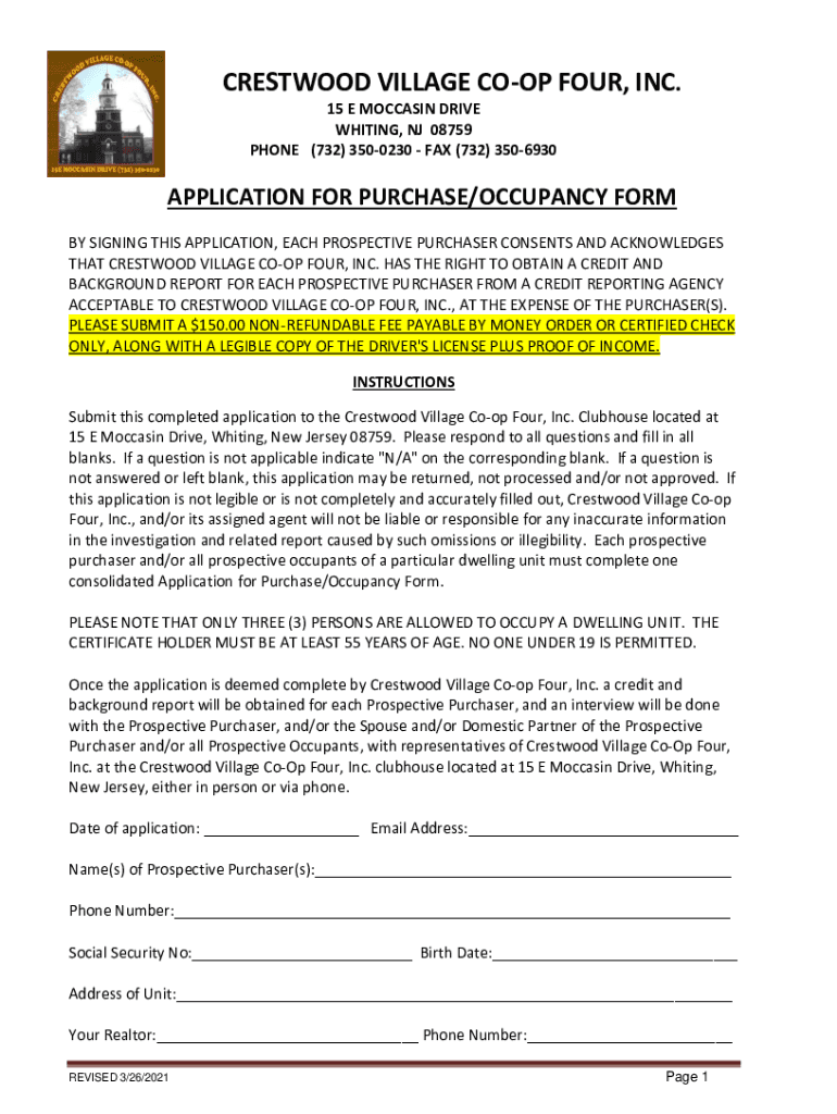 Fillable Online APPLICATION FOR PURCHASE/OCCUPANCY FORM Fax Email Print ...