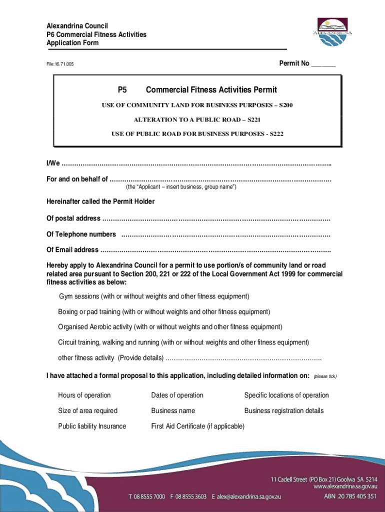 Fillable Online P5 Commercial Fitness Activities Permit - Alexandrina ...