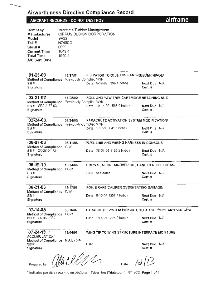 Fillable Online Airworthiness Directive (AD)Applicability and ...