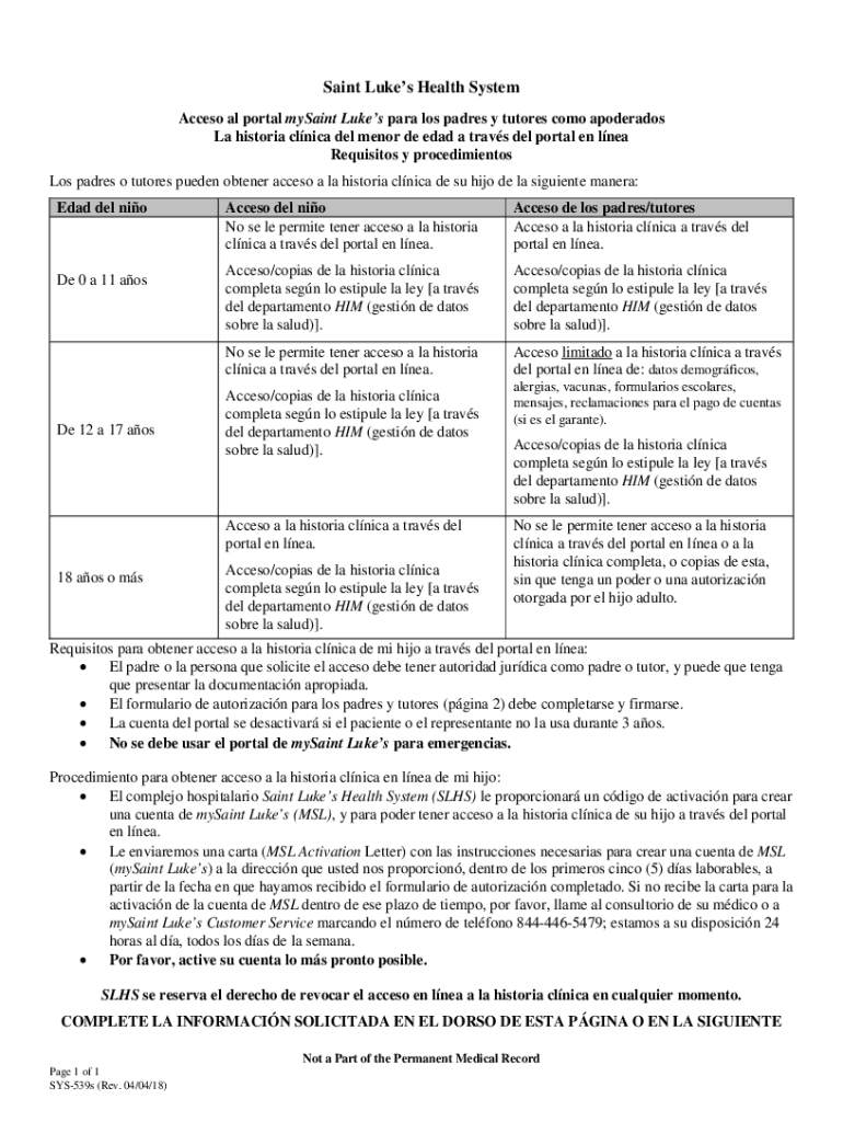 Fillable Online Acceso al portal mySaint Luke's para los padres y ...