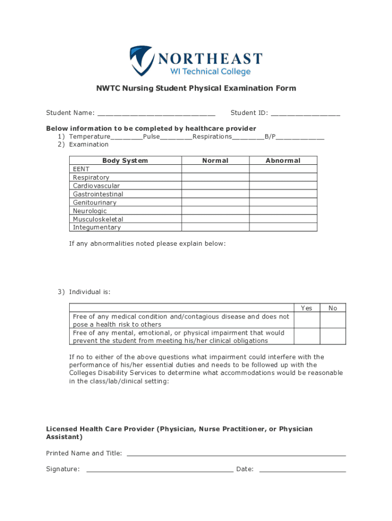 Fillable Online www.nwtc.eduNursing-Physical-Form-9/24/20NWTC Nursing ...