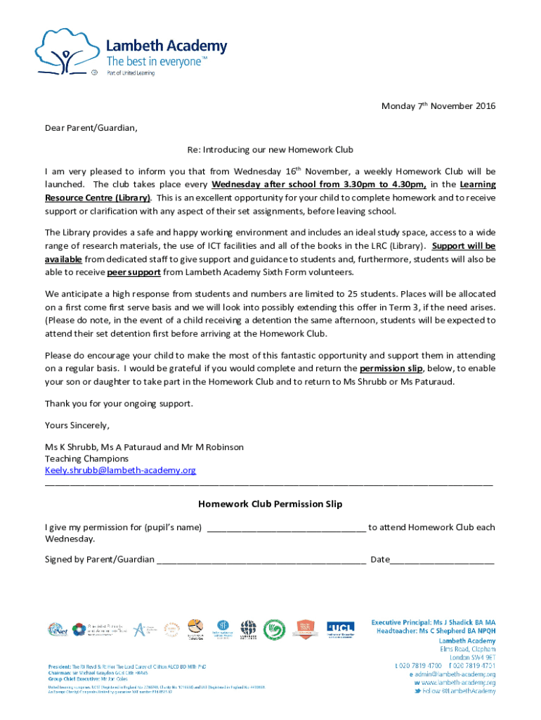 Fillable Online Homework Club Letter Fax Email Print - pdfFiller